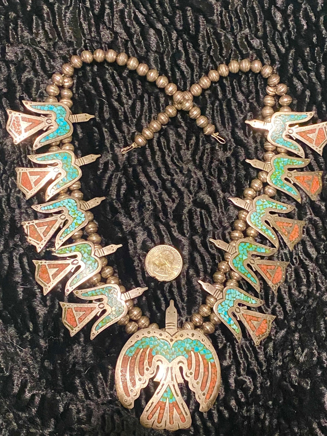 Another Vintage Signed SW SS Turquoise Coral Inlay Thunderbird Squash ...