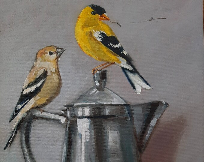 Silver and Goldfinch, Original Still Life With Birds and Silver Teapot ...