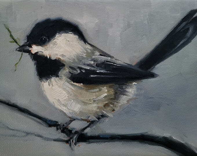 Black Capped Chickadee, Original Bird Oil Painting, Small Impressionist ...