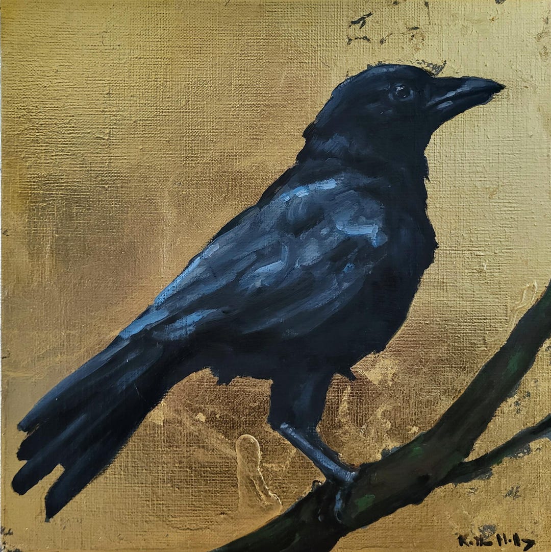 Raven With Gold, Original Black Bird Oil Painting With 24 Carat Metal ...