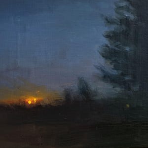 Night Trees, Original Blue Dusk Landscape Oil Painting, Distant Lights ...