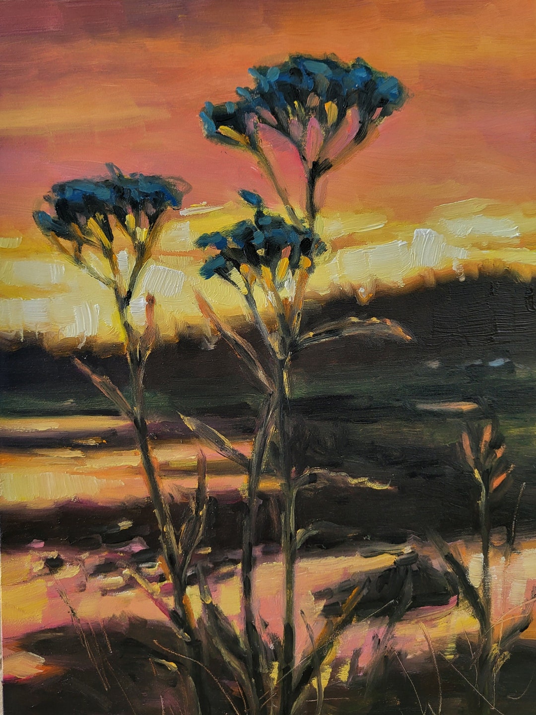 Orange Sunset Yarrow, Original Landscape Oil Painting, Floral Small ...