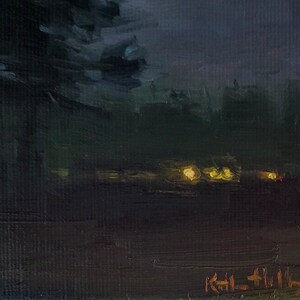 Night Trees, Original Blue Dusk Landscape Oil Painting, Distant Lights ...