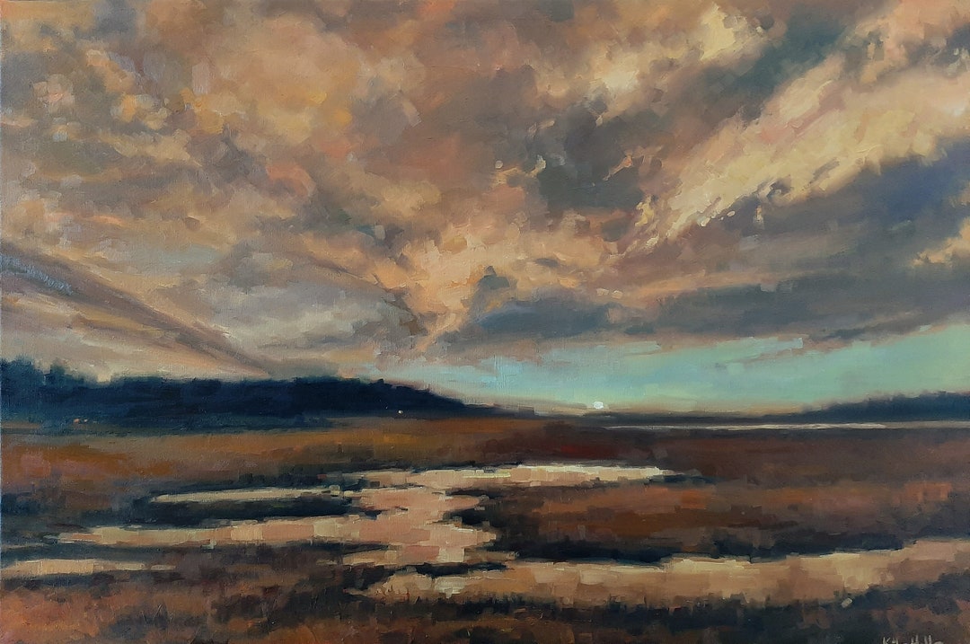 Orange August Clouds, Original Landscape Oil Painting, Impressionist ...