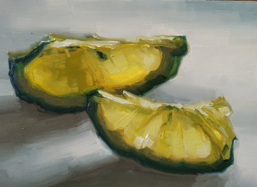 Two Lime Wedges, Original Still Life Oil Painting Mini Citrus Fruit ...