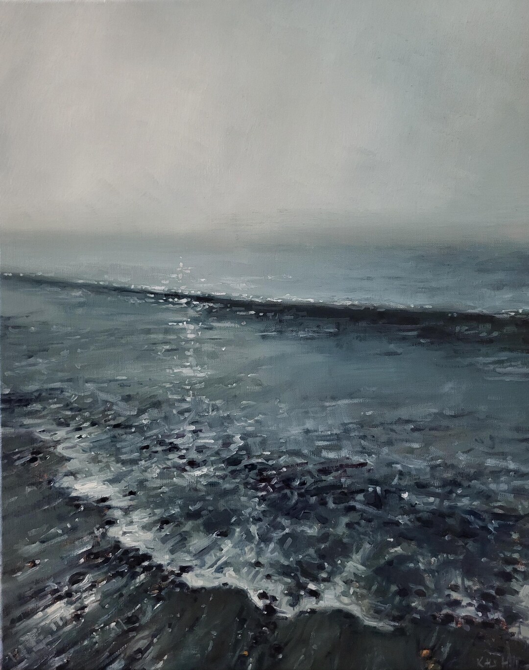 Gray Seascape Oil Painting Foggy Beach on Linen Canvas 16x20" - Etsy