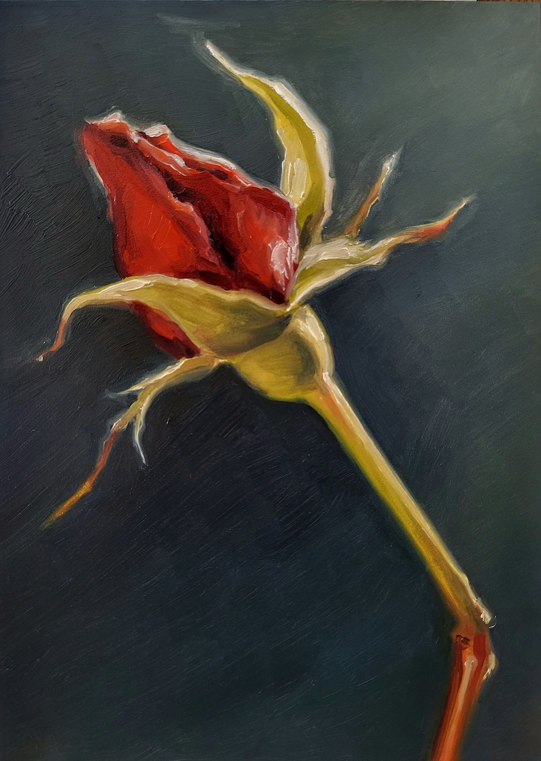 Little Red Rose Bud, Original Flower Still Life Oil Painting, Small ...