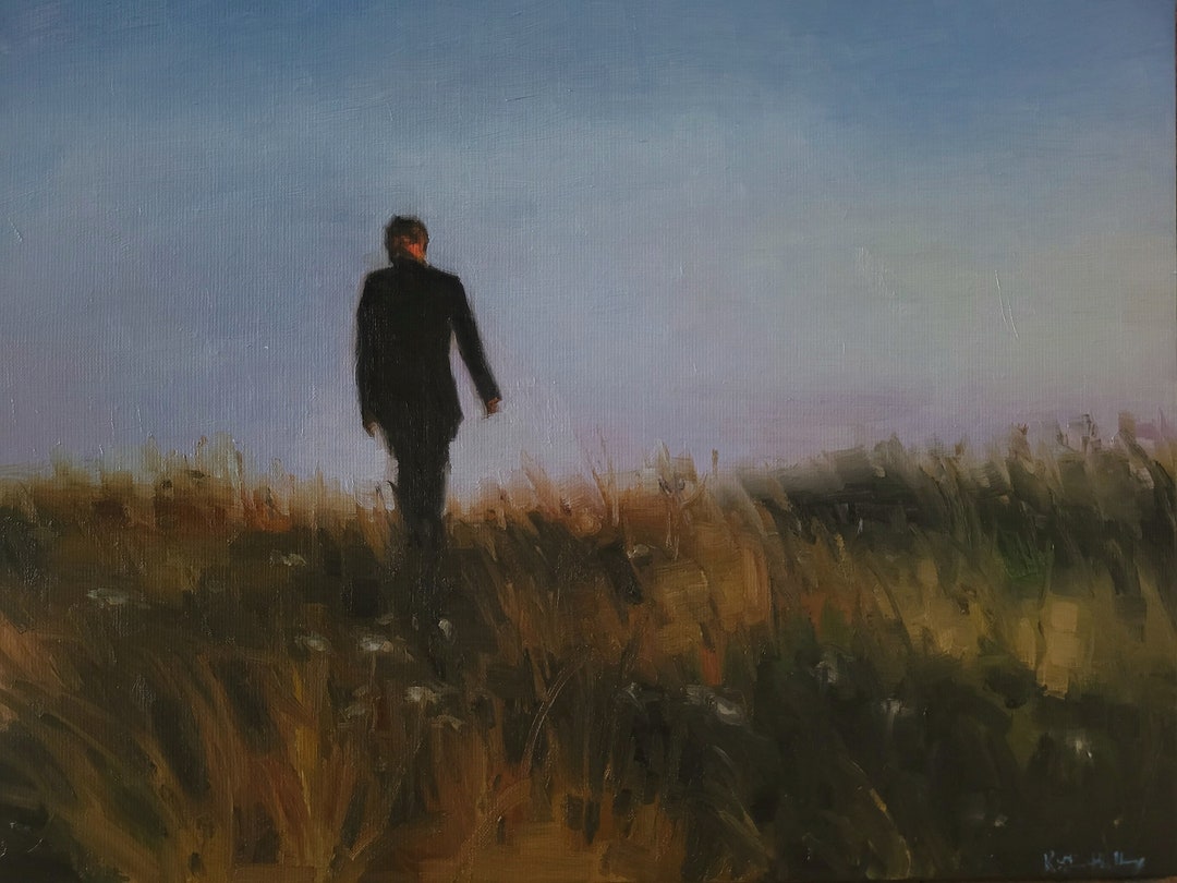 Man in the Field, Original Male Figure Oil Painting, Dusk Landscape ...