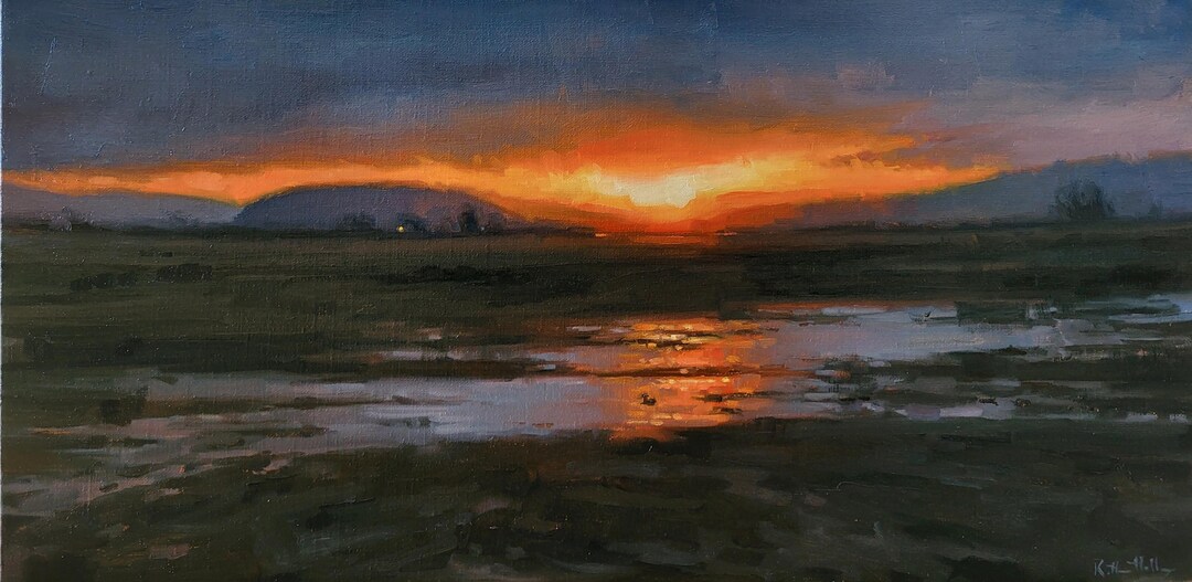 Edison Field at Sunset, Original Evening Landscape Oil Painting ...