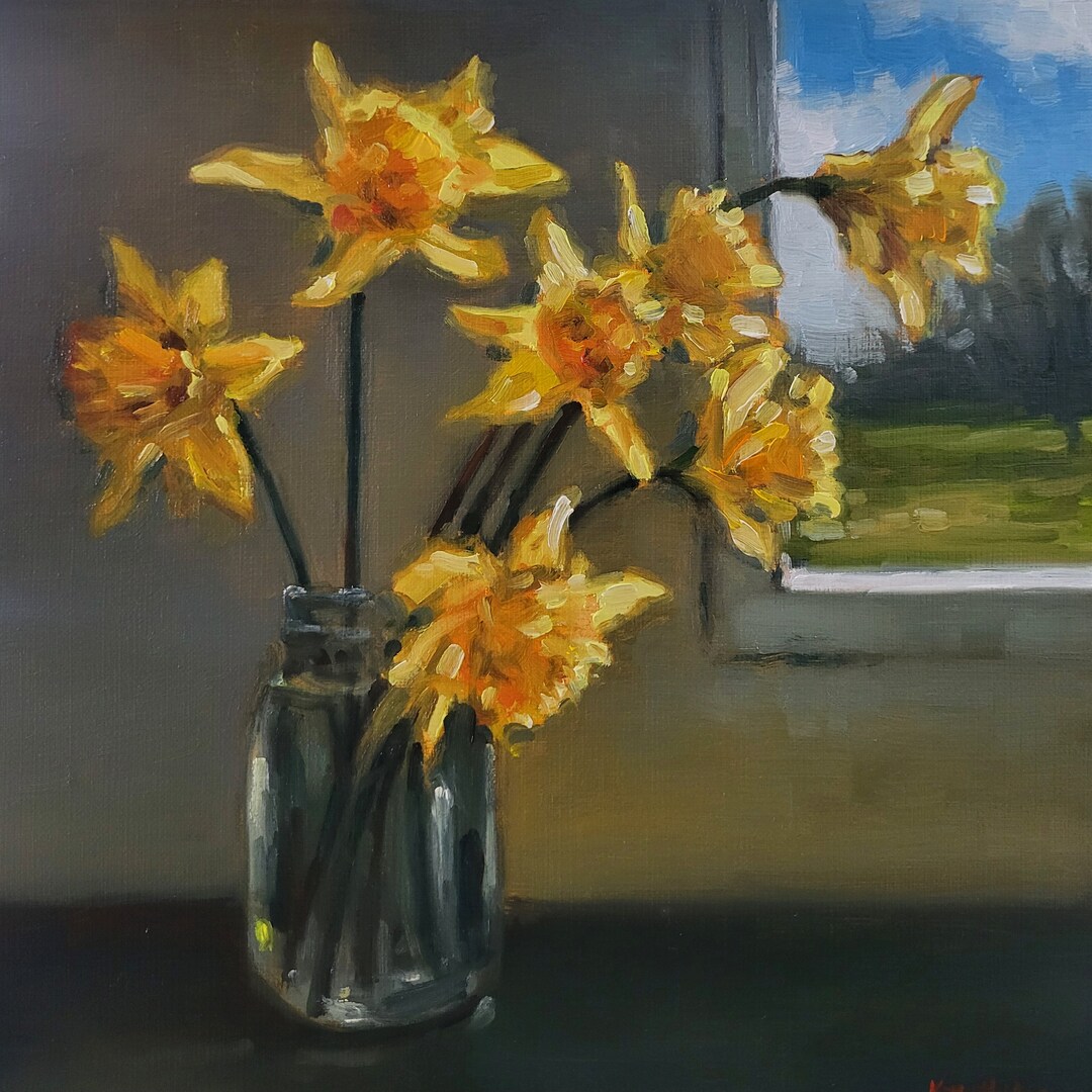Daffodils by the Window, Original Floral Still Life Oil Painting, Small ...