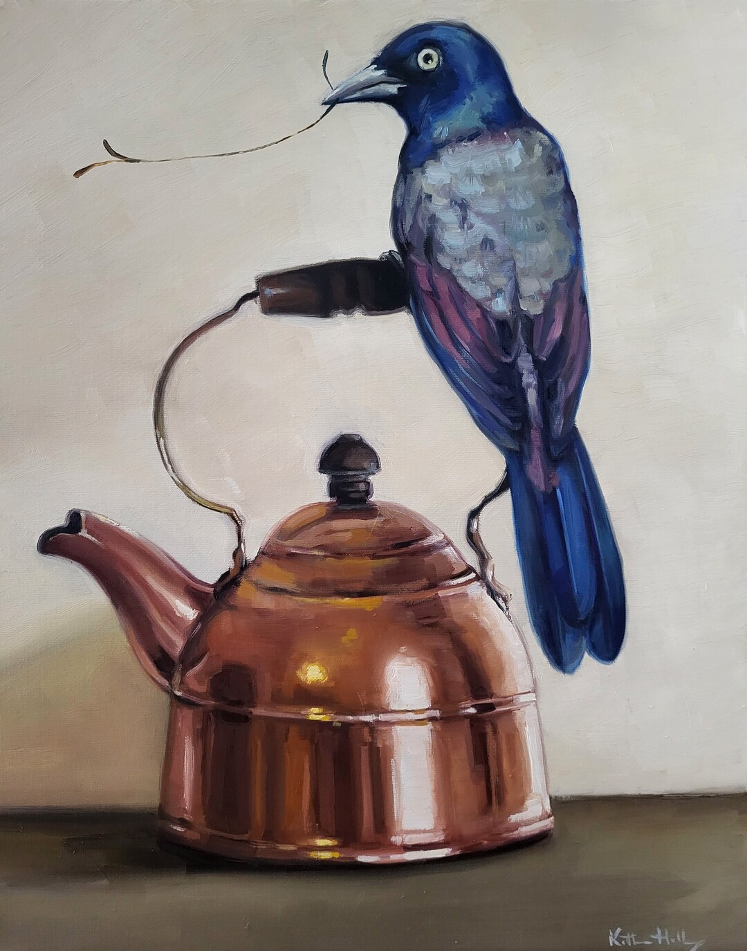 SALE Copper Kettle Grackle, Original Still Life With Bird Oil Painting ...