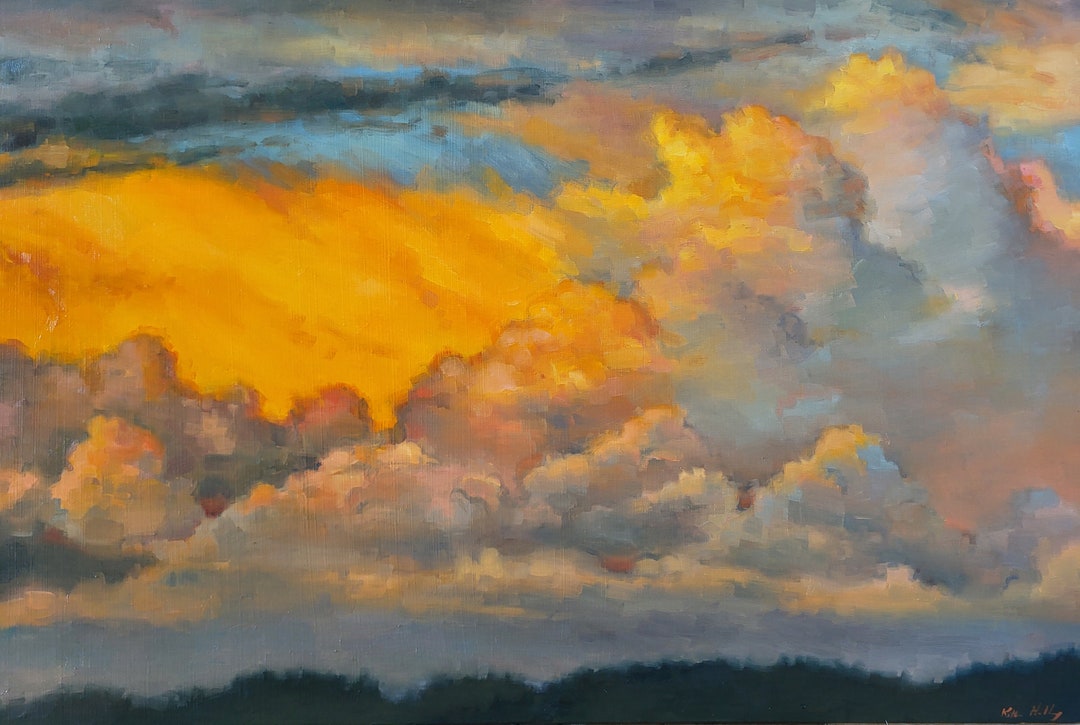 Dramatic Evening Clouds, Original Landscape Sunset Orange Sky, Large ...