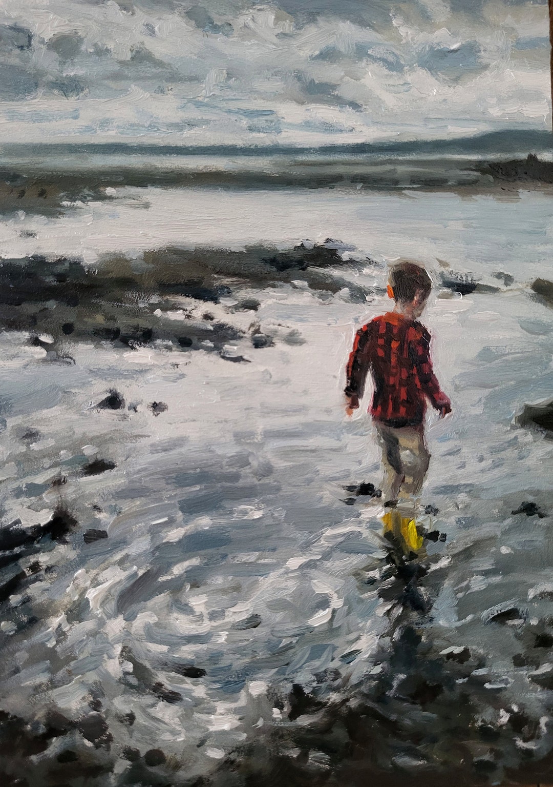 Boy in Shallow Water, Original Child Portrait Oil Painting, Small Study ...