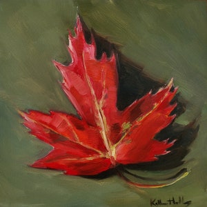 Little Red Maple Leaf, Original Autumn Still Life Oil Painting, Small ...