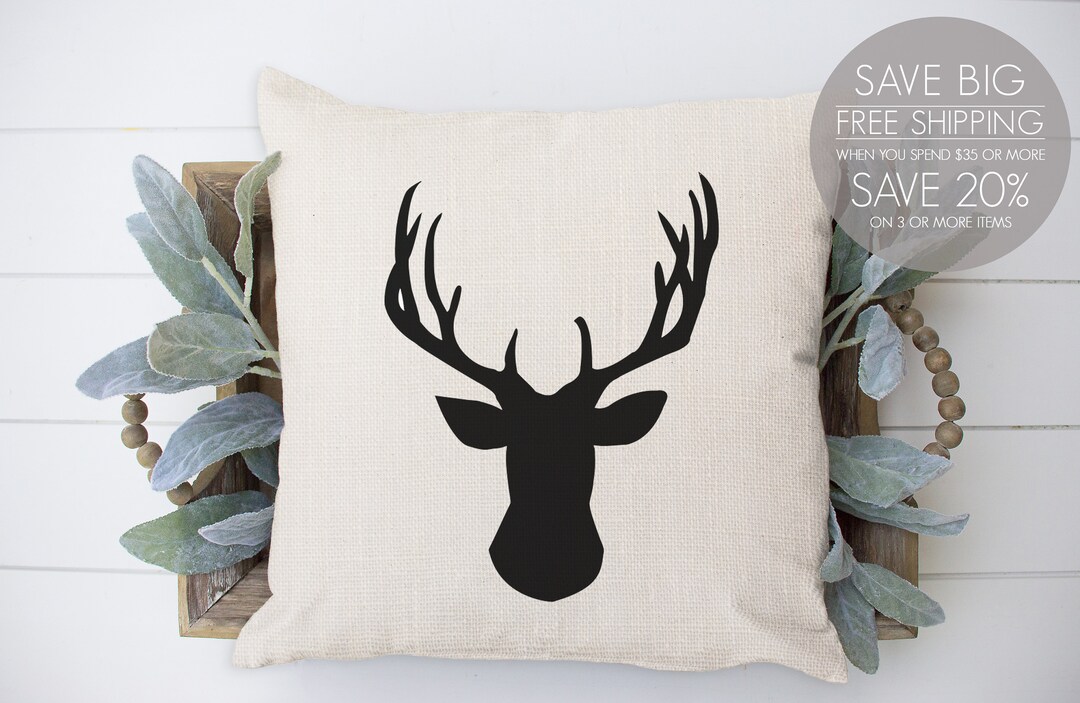 Woodland Deer Pillow, Linen Pillow, Stag Head Pillow, Antler Pillow ...