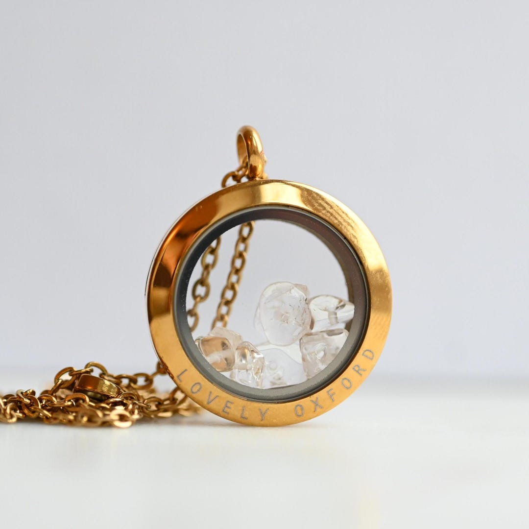 Gold Stainless Steel Glass Locket With Chip Crystals Crystal Floating ...
