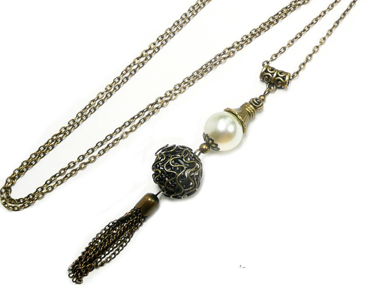 Long Pendant Necklace Pompom Pendant Bronze Jewelry Pearly - Etsy