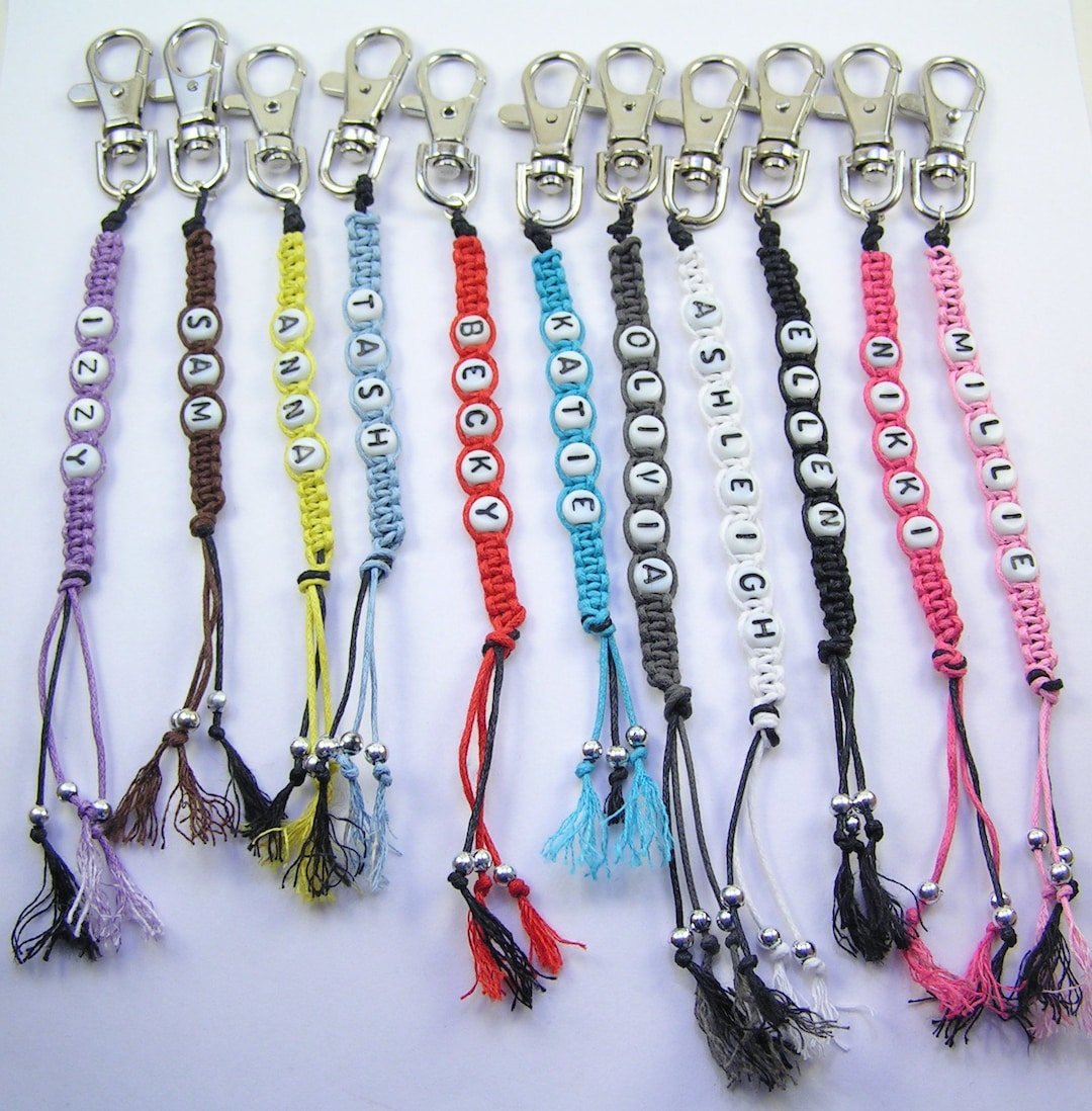 Personalised Woven Cord Name Keyring: Glass Bead Zipper Charm - Etsy