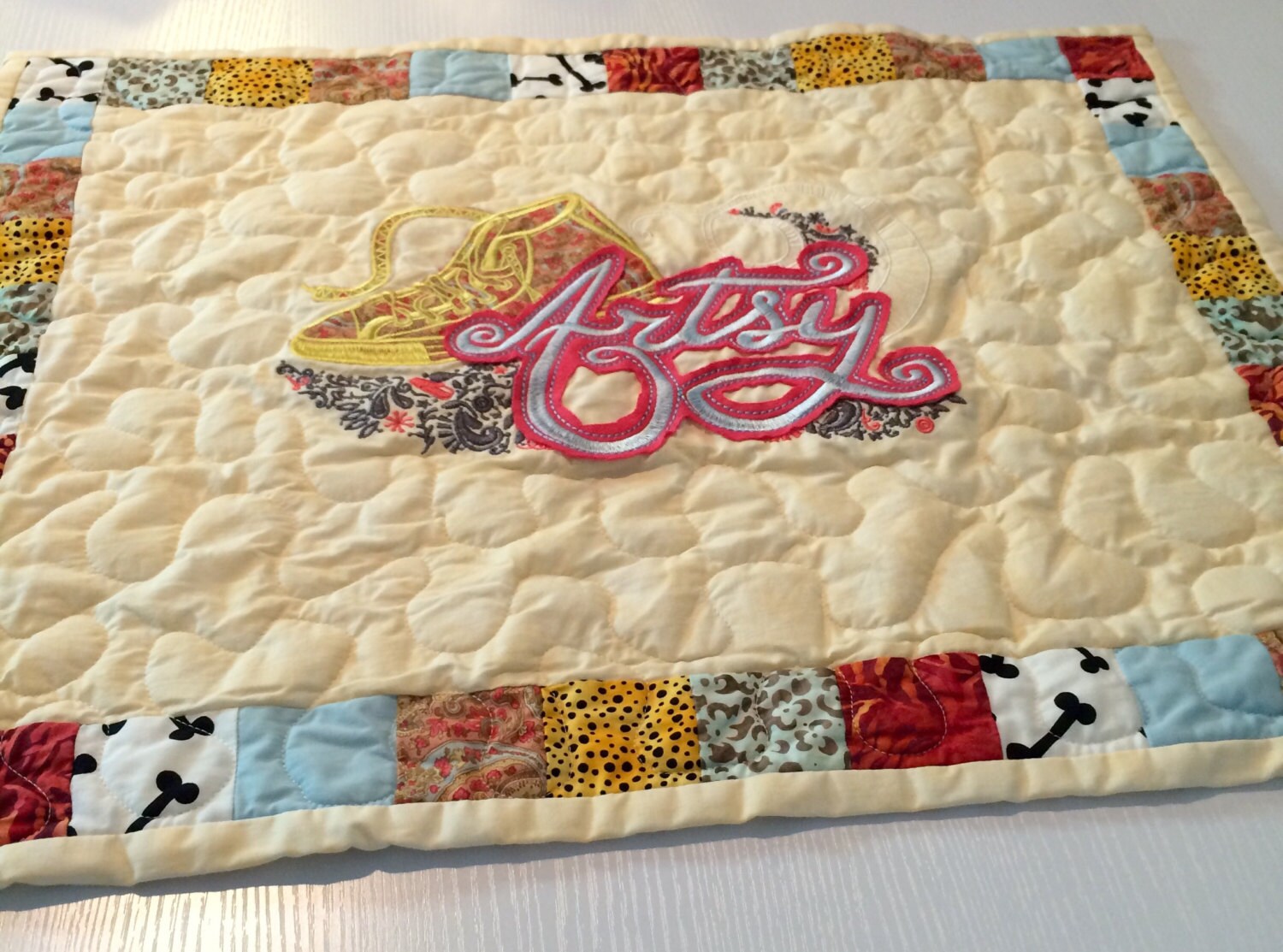 Artsy Embroidered Quilted Table Topper, Table Runner in Pinks, Gold ...