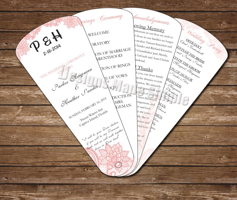 Coral Lace Wedding Program Fan Style Printables - Etsy