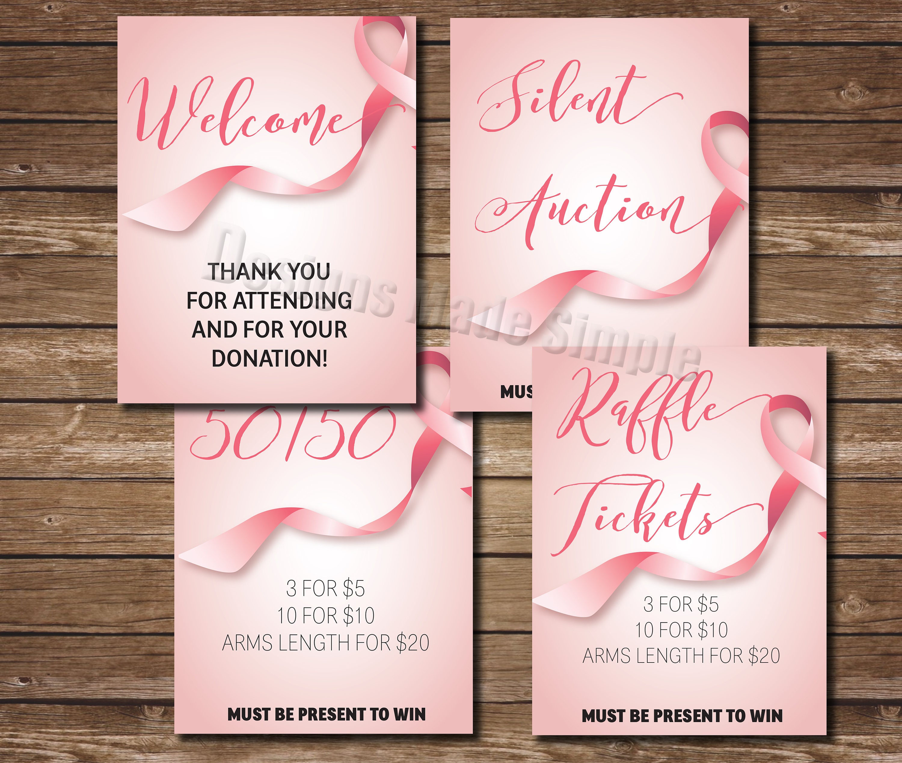 Breast Cancer Fundraiser Sign Bundle Welcome 50/50 Raffle | Etsy