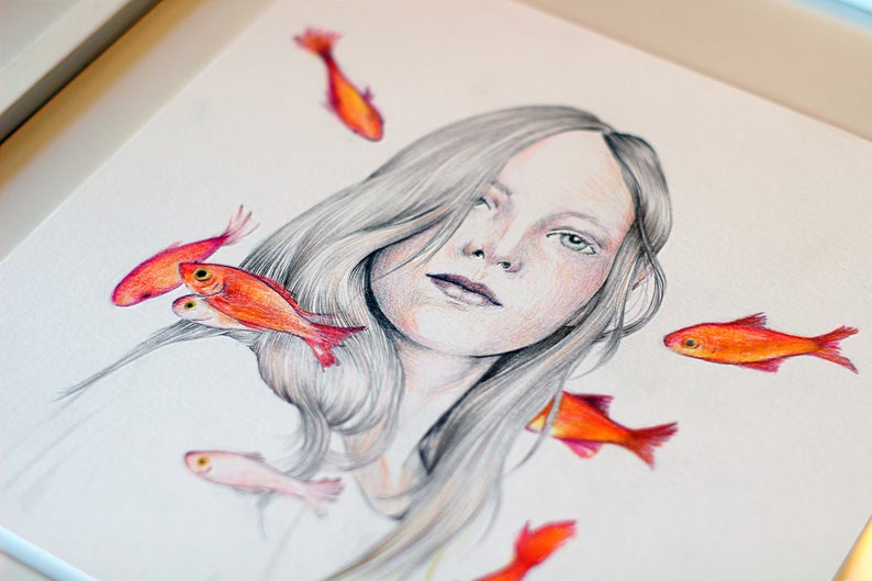 Art Print , Girl With Fish. - Etsy