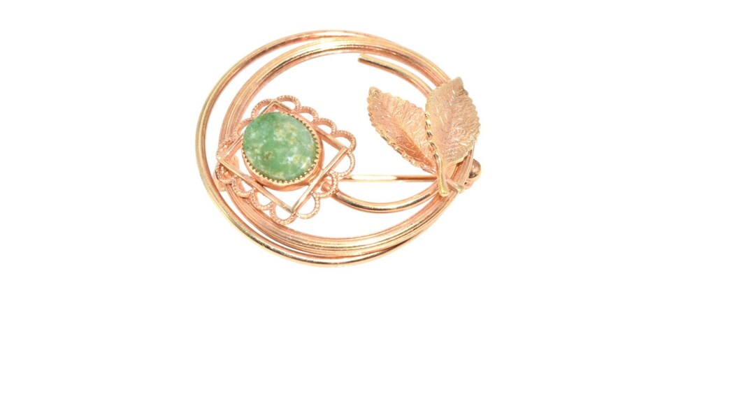 Vintage Gold Filled Wreath Brooch, Jade Flower Pin, Mid Century Jewelry ...