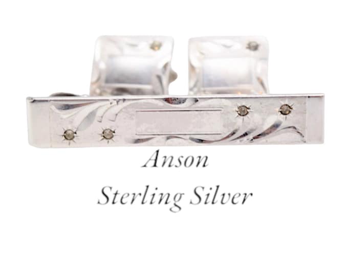 Vintage Anson Sterling Silver Cufflink and Tie Clip Set With Etched ...