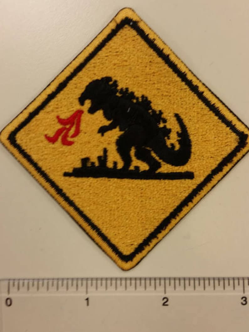 Japanese Monster Warning Embroidered Patch, Iron on Fiery Lizard Patch ...