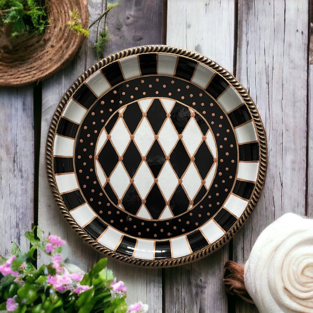 Vintage LARGE Round Metal Tray ** Whimsical Hand Painted Design 15 1/2 ...