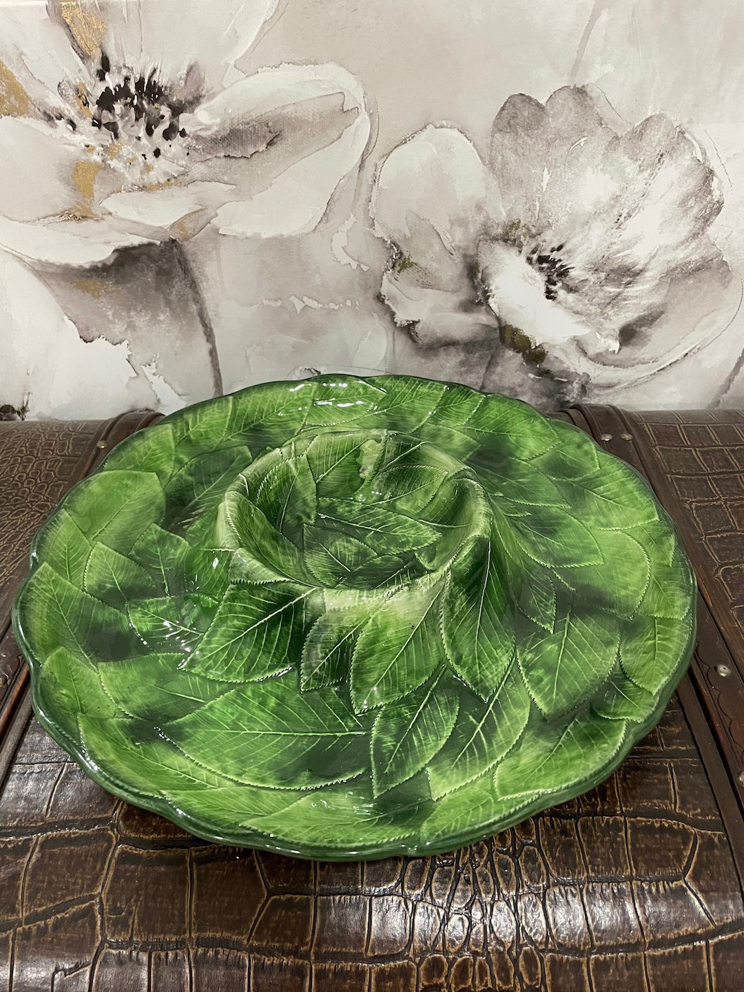 Victor Foglia Leonardo Majolica Green Leaf Italian Chip & Dip Platter ...