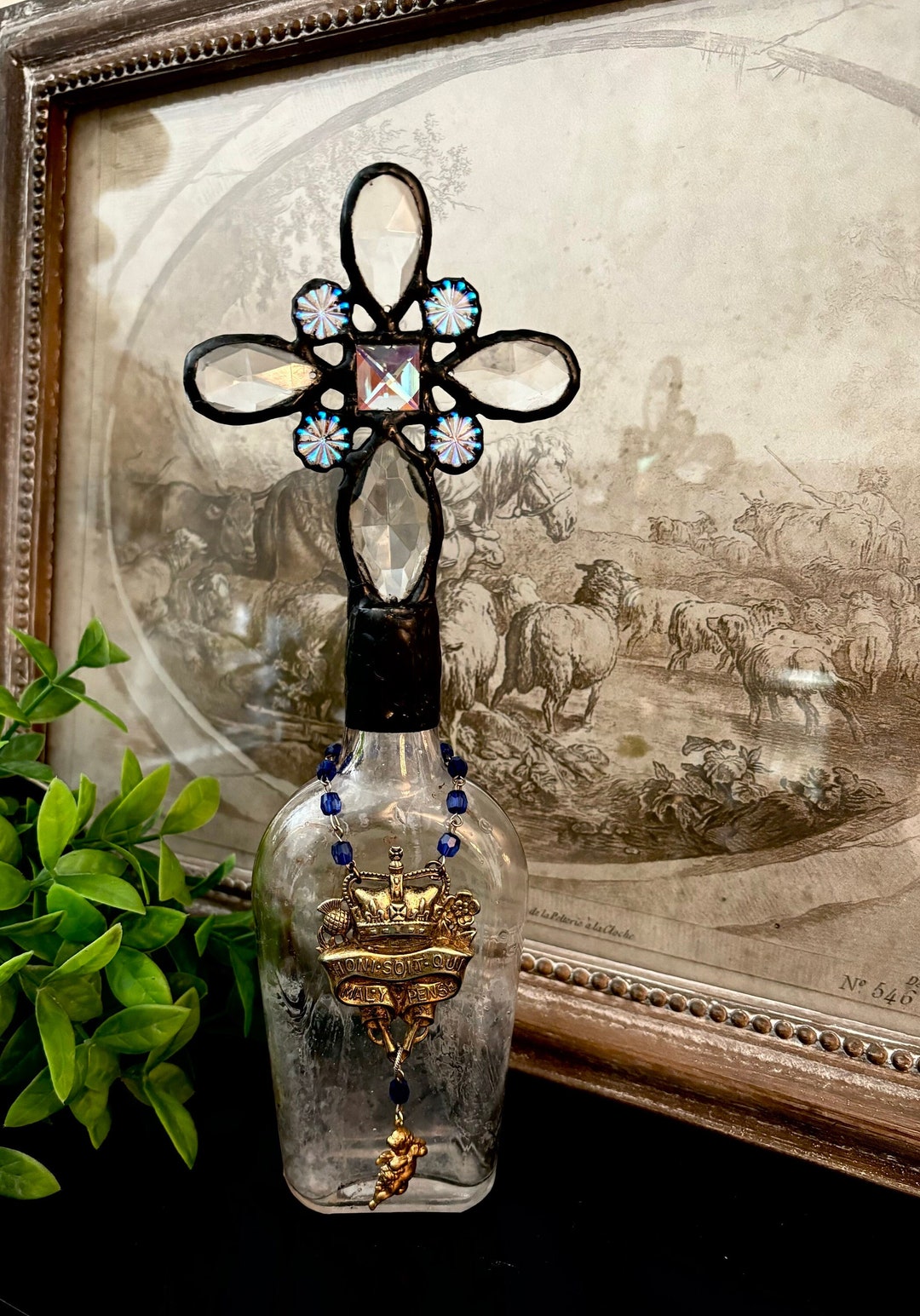 Crystal Cross Bottle Art: Soldered Religious Decor, Vintage Medallions ...