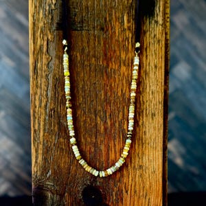 Golden Opal Slider Hat Band, Beaded Antique Brass Necklace on Brown ...