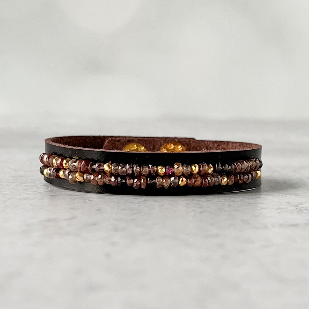 Joni Bracelet in Sapphire & Gold, Pyrite Beads on Leather Bracelet ...