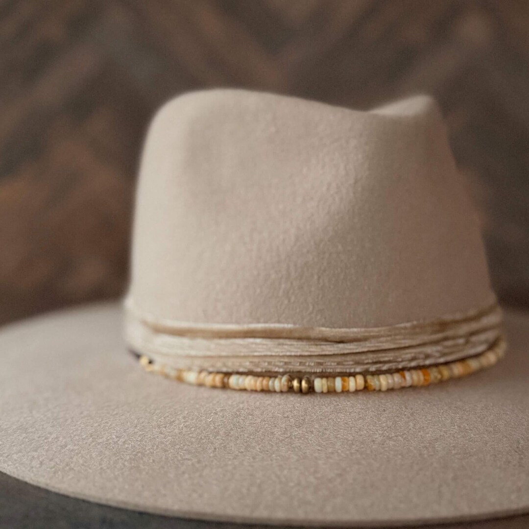 Golden Opal Slider Hat Band, Beaded Antique Brass Necklace on Brown ...