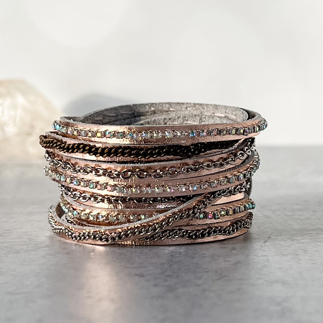Mixed Media Wrap Bracelet, Rose Gold Leather Bracelet With Crystal ...