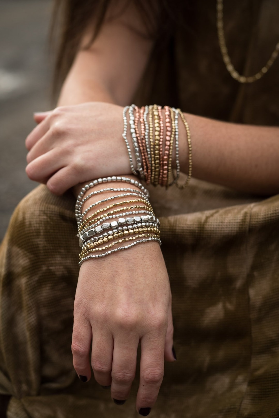 Pebble Bead Bracelet Set in Mixed Silver and Gold, Best Seller Beaded ...