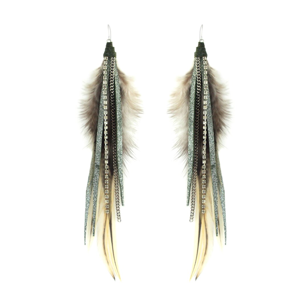 Feather Earrings in Army Shimmer, Rhinestone Earring, Presh Earring ...