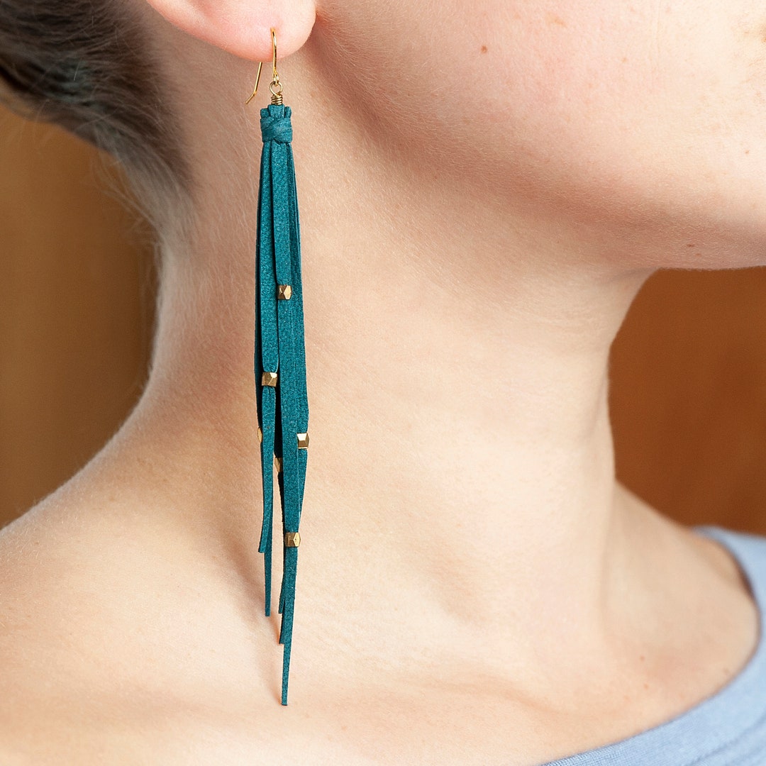 Tara Tassel Earrings in Emerald and Gold, Genuine Italian Suede Earrings, Presh Earrings ...