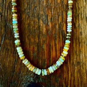 Golden Opal Slider Hat Band, Beaded Antique Brass Necklace on Brown ...