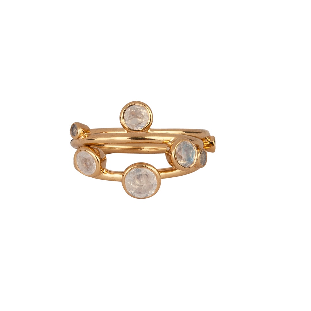 Scattered Gem Ring Set With Rainbow Moonstone, Circular Stones Ring, Gold Plated Sterling Silver ...