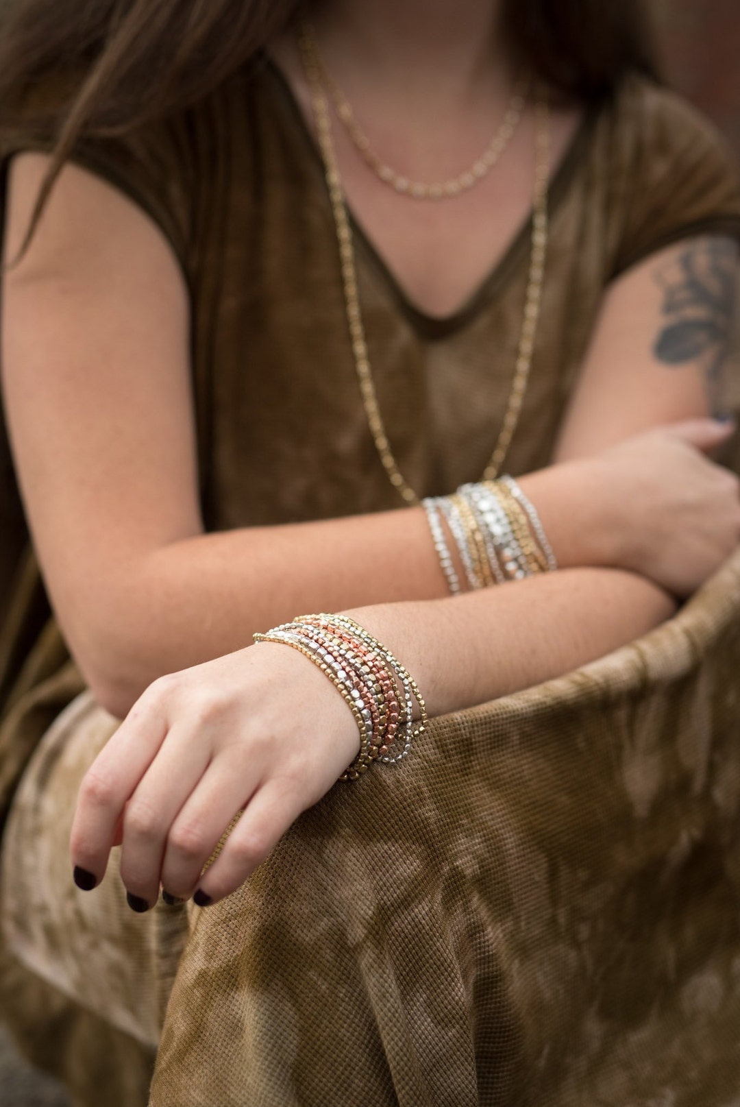 Pebble Bead Bracelet Set in Mixed Silver, Gold and Copper, Stretch Yoga ...