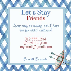 Printable Camp Calling Card | Camp Contact Card | Summer Playdate Camp ...