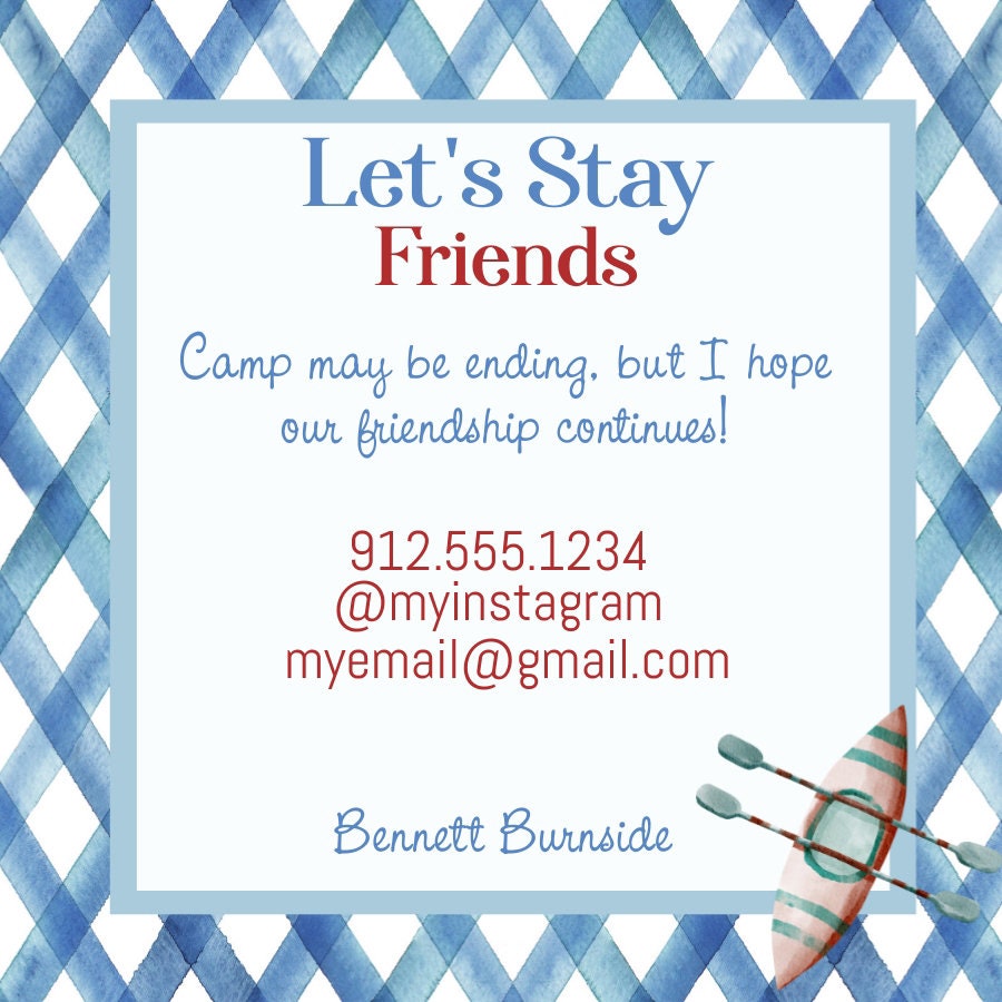 Printable Camp Calling Card | Camp Contact Card | Summer Playdate Camp ...