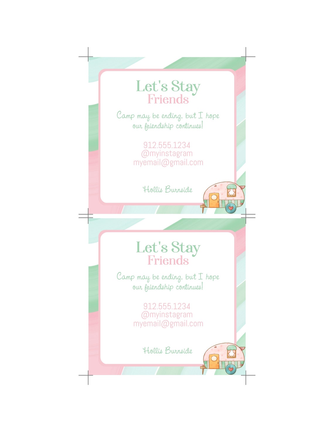 Printable Camp Calling Card | Camp Contact Card | Summer Playdate Camp ...