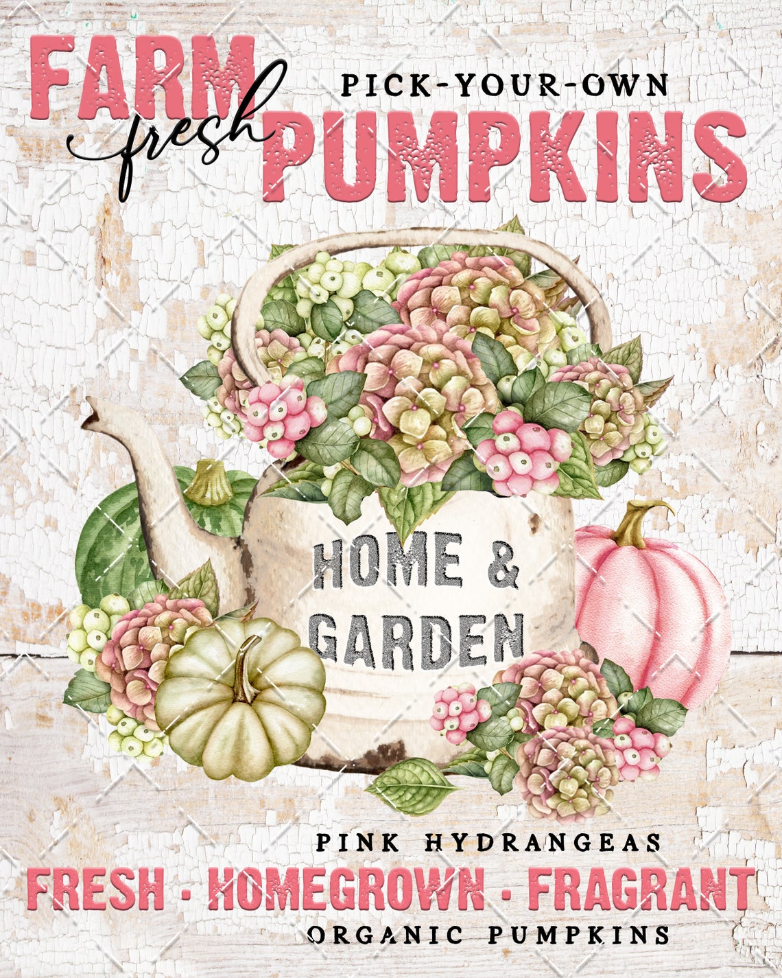 Rustic Shabby Farmhouse Blush Hydrangeas, Pumpkins, Fall Flowers, DIY ...