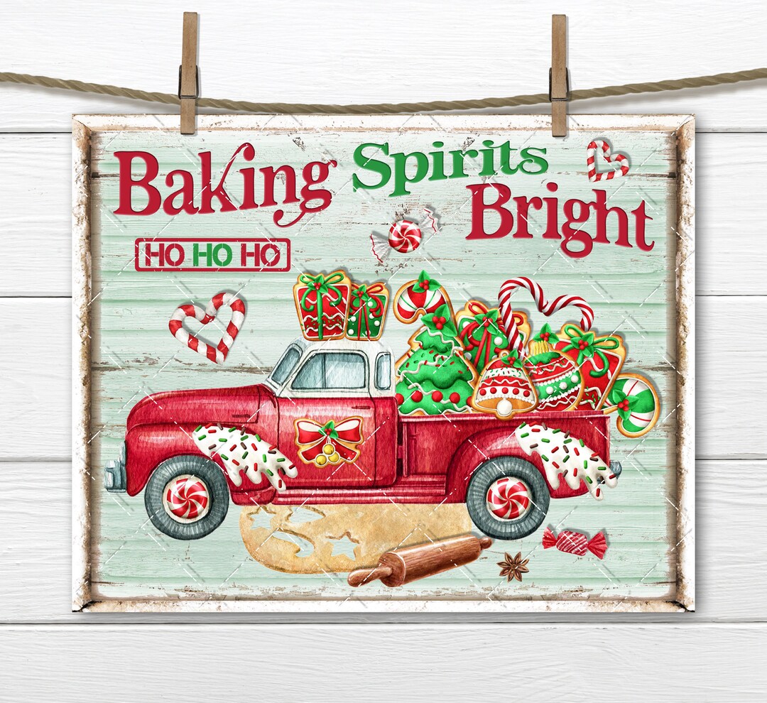 Baking Spirits Bright Christmas Cookie Red Truck Digital Kitchen Print ...