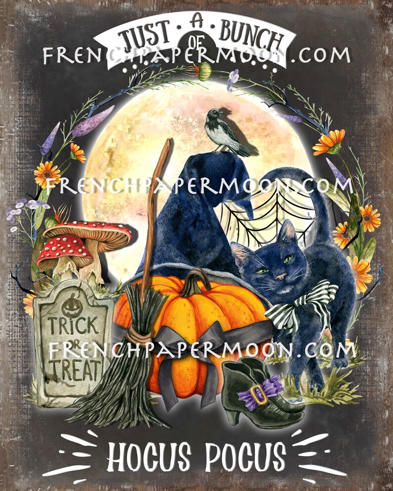 Halloween Black Cat Hocus Pocus Moon Witch Broom Digital | Etsy