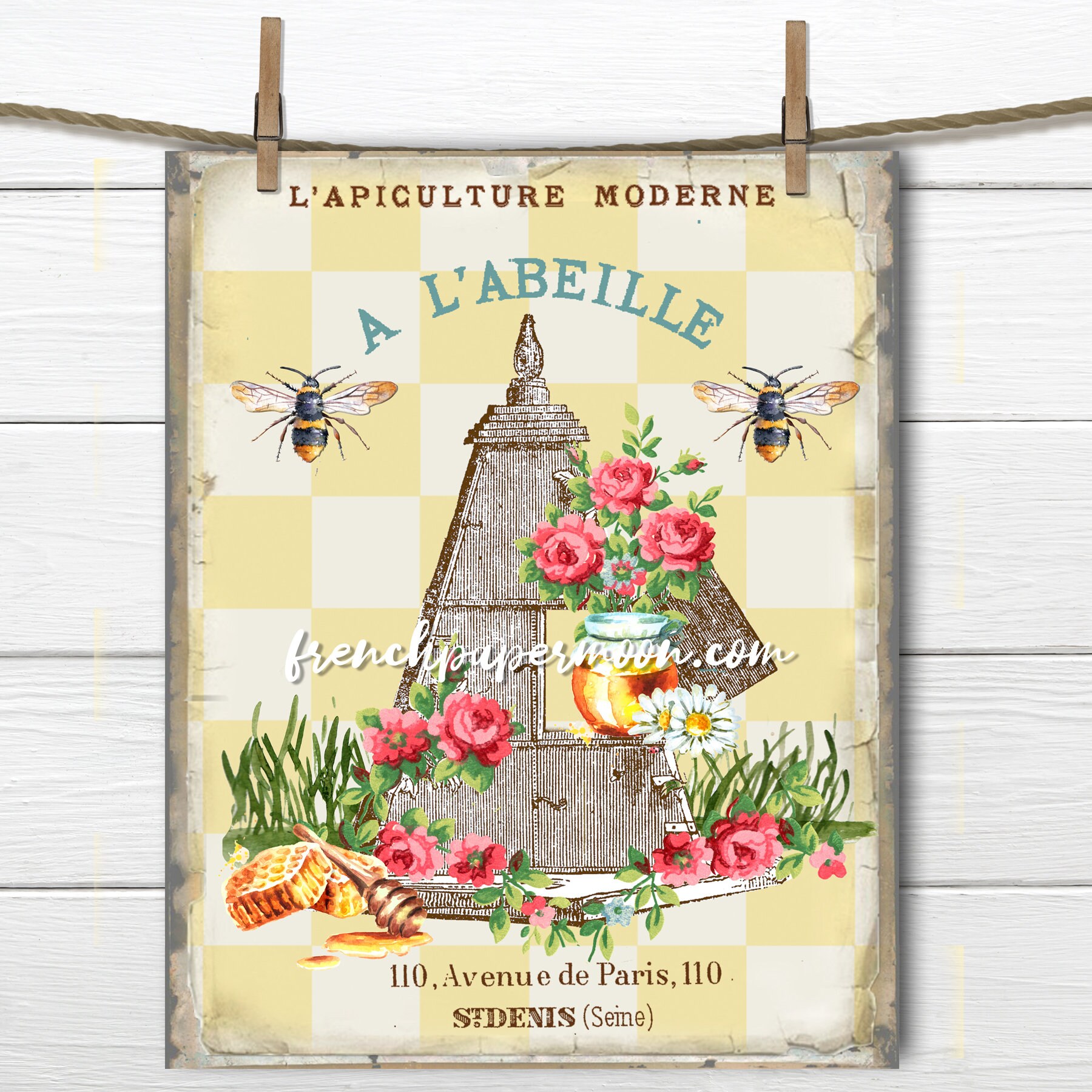 French Honey Bee Graphic, Shabby Beehive, French Bee Image Transfer ...