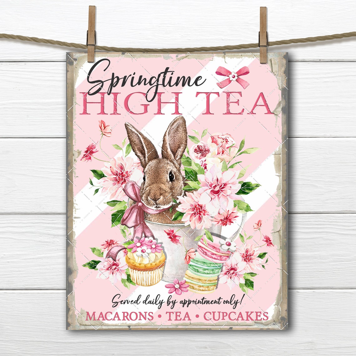 Cute Spring High Tea DIY Sign, Bunny in a Cup, Flower Bunny, Macarons ...